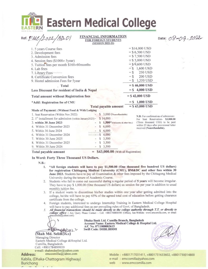 Eastern Medical College Hospital EMCH Fees Details 2023 Eastern Medical College Hospital EMCH Fees Details 2023